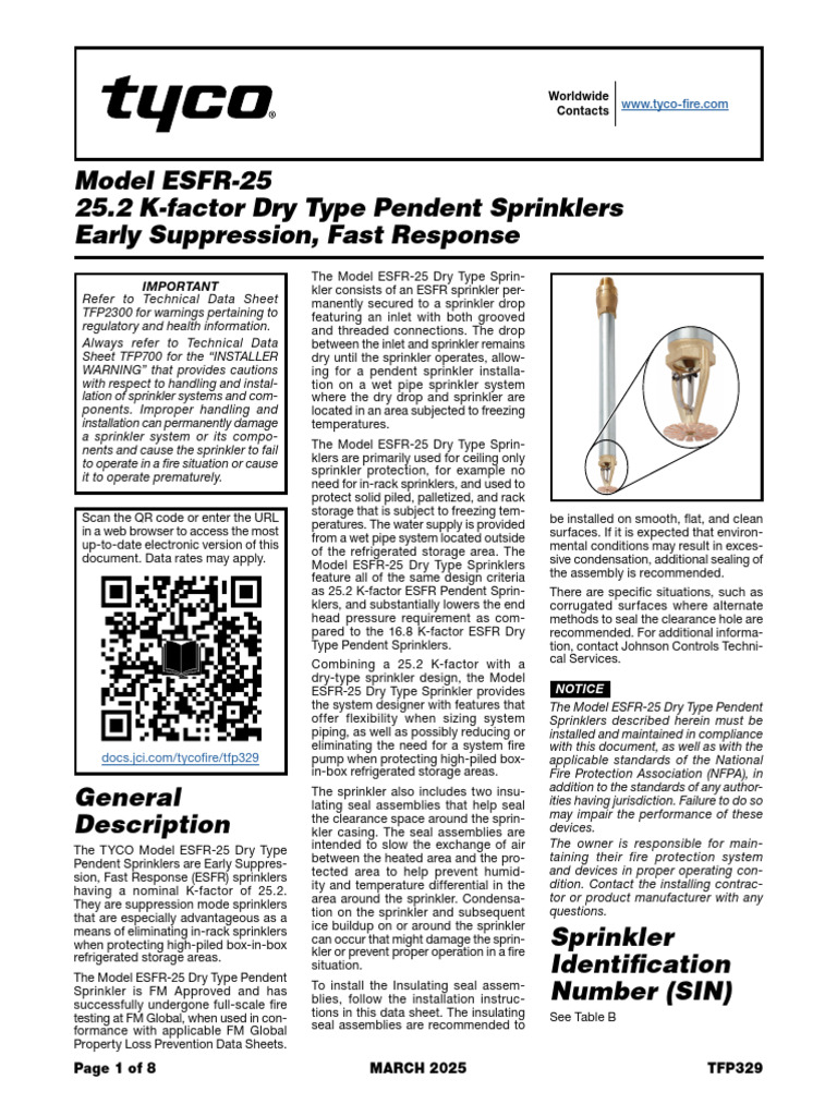 Model ESFR-25 25.2 K-Factor Dry Type Pendent Sprinklers Early ...