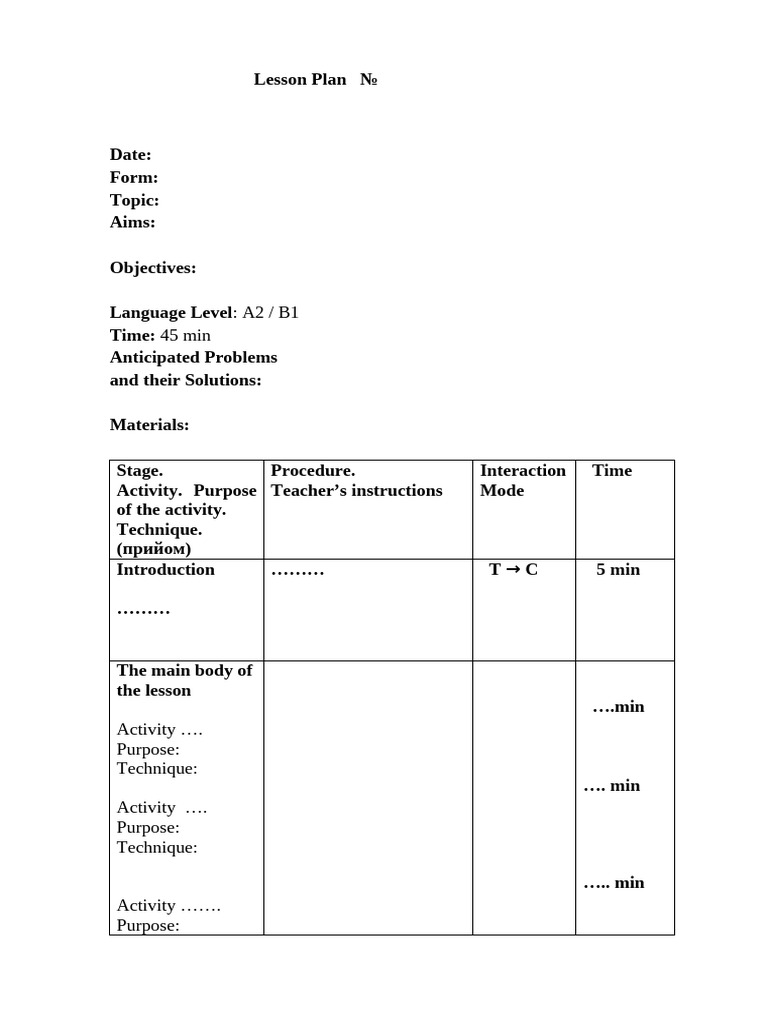 A2/B1 Lesson Plan Template | PDF