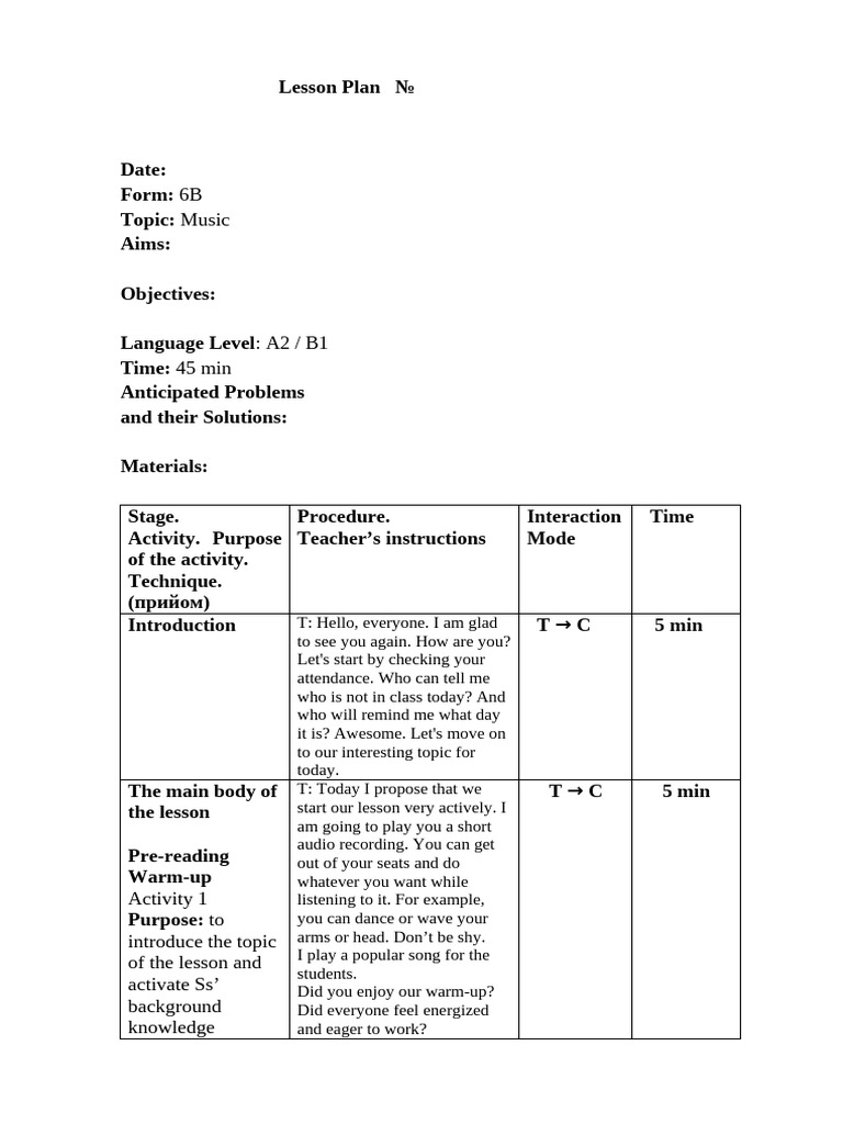Music Lesson Plan for A2/B1 Students | PDF | Cognition | Human ...