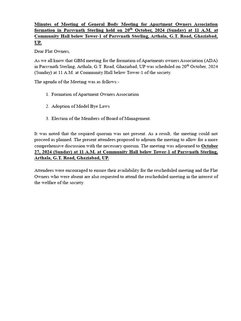 Minutes of Meeting No Quorum 20th October | PDF