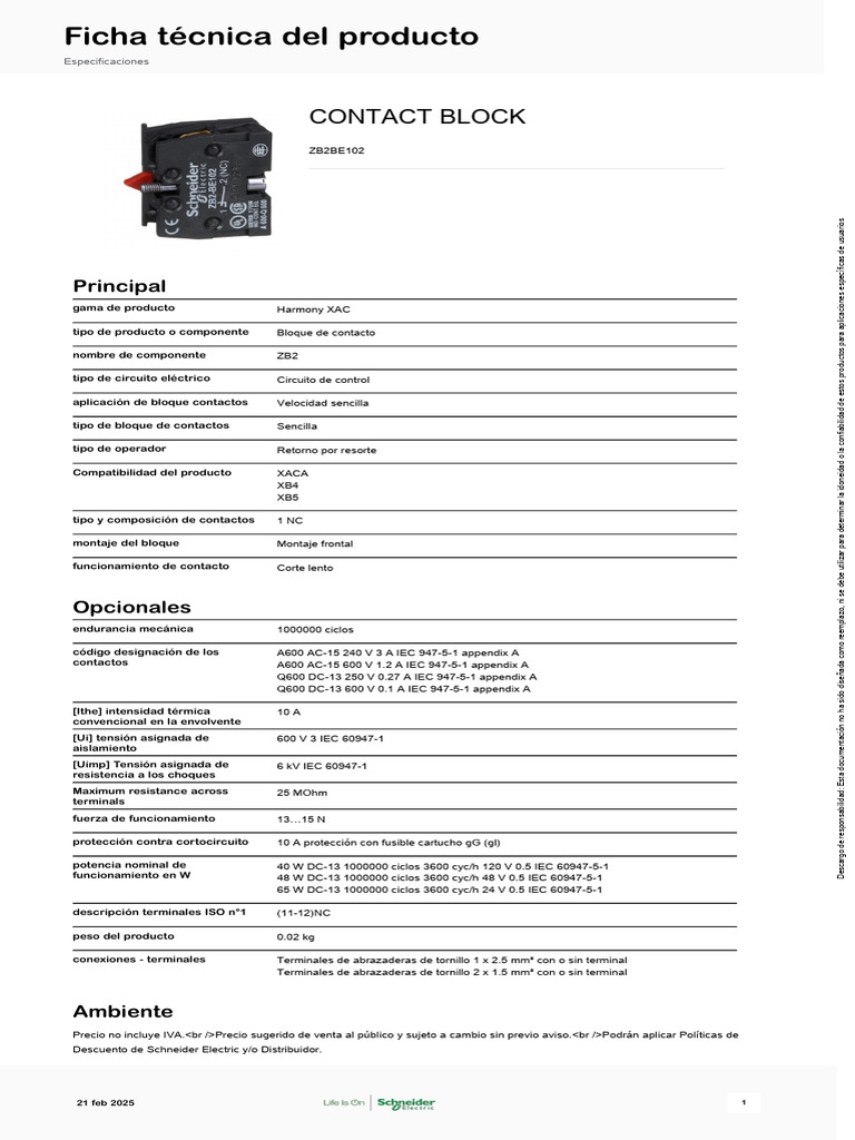 Schneider Electric Harmony-XAC ZB2BE102 | PDF | Cantidades fisicas | Electromagnetismo