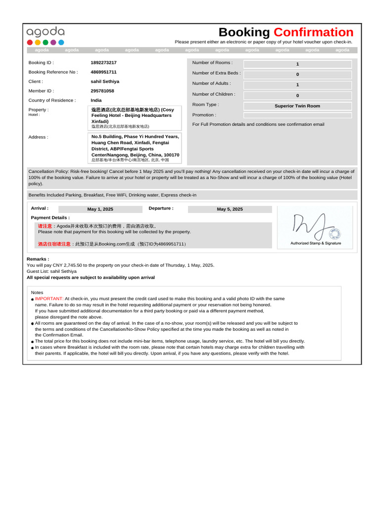 Beijing Hotel Booking Confirmation Details | PDF