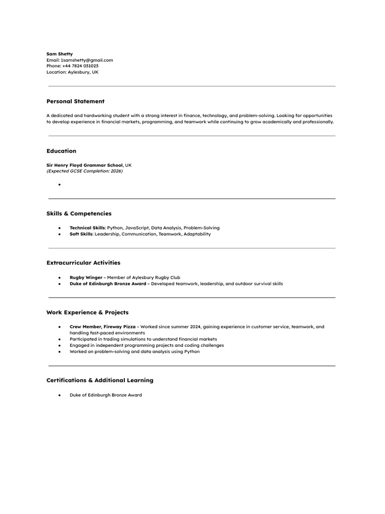 Sam Shetty: Aspiring Finance Student | PDF