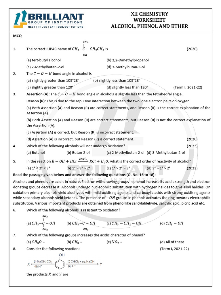Alcohols and Phenols MCQ Worksheet | PDF | Ether | Alkene