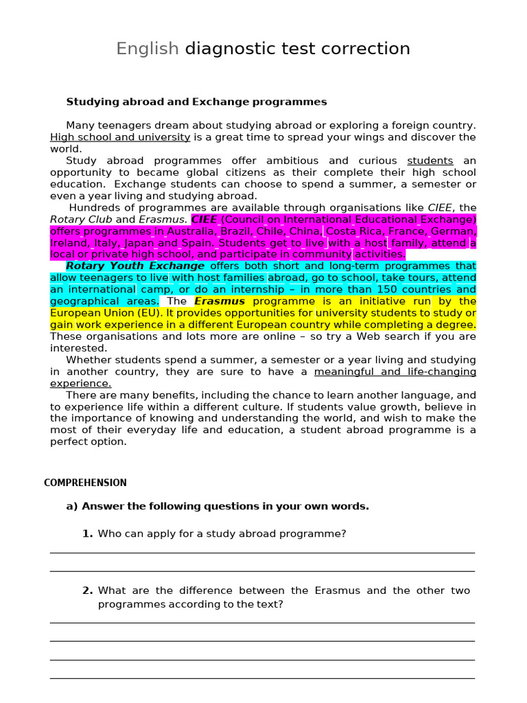 English Diagnostic Test 1 | PDF | International Student | Learning