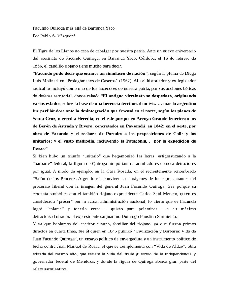 Facundo Quiroga Más Allá de Barranca Yaco | PDF | Argentina