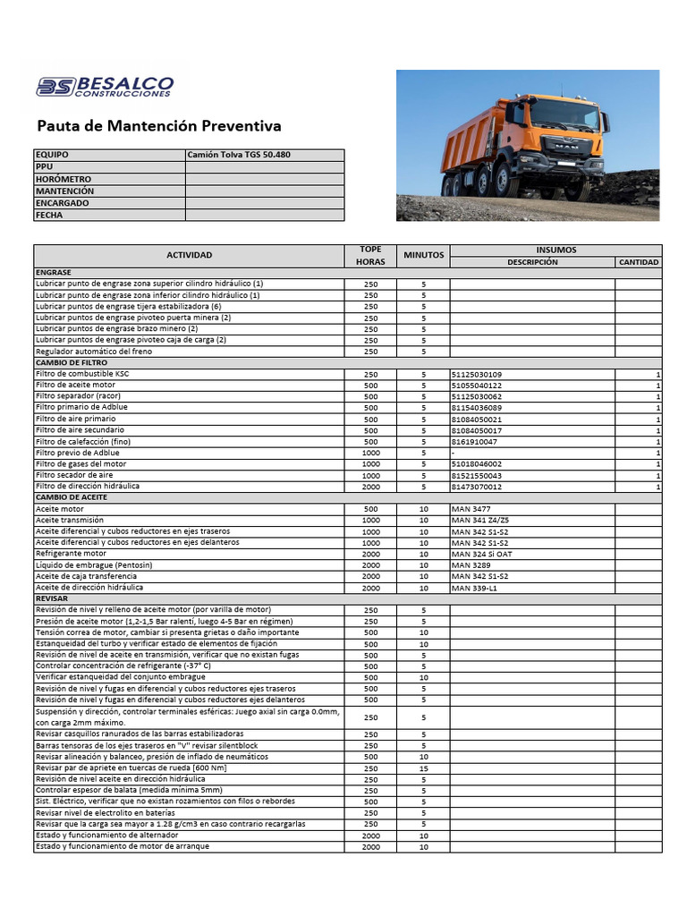 Mantenimiento Camión Tolva TGS 50.480 | PDF | Ingeniería mecánica ...