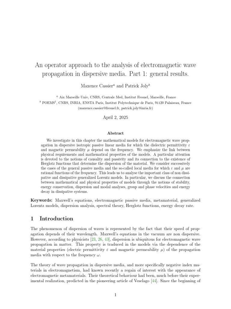 An Operator Approach To The Analysis of Electromagnetic Wave Propagation in Dispersive Media ...