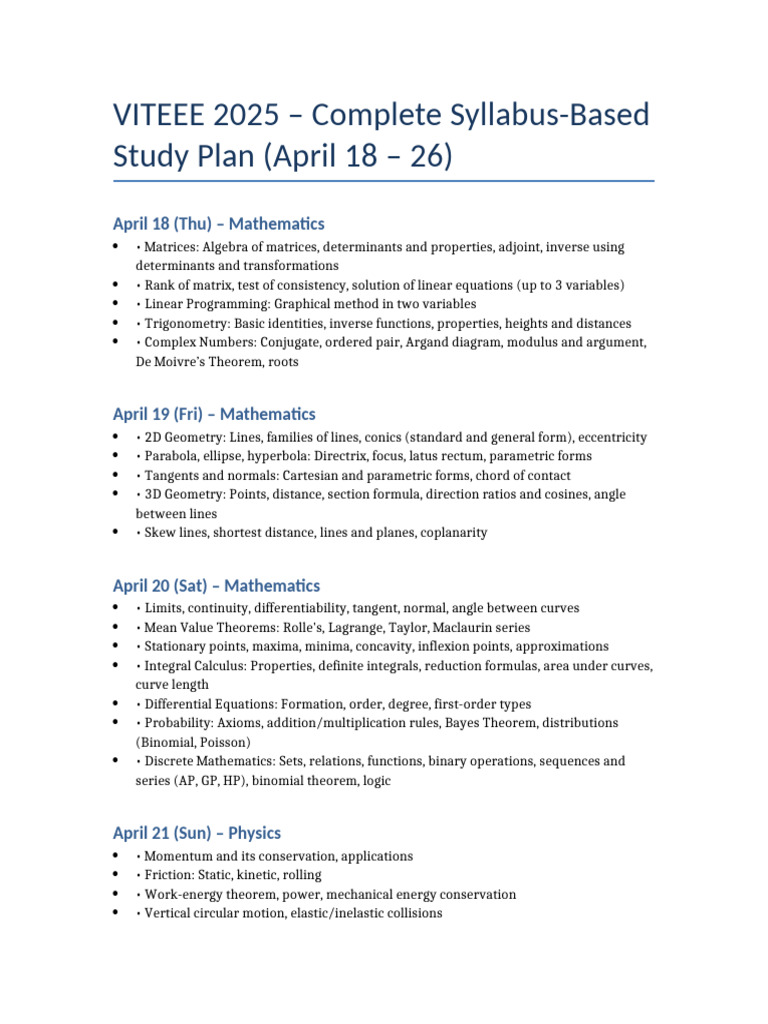 VITEEE 2025 Complete Syllabus Plan | PDF | Chemistry | Line (Geometry)