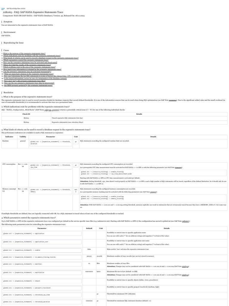 FAQ SAP HANA Expensive Statements Trace v49 | PDF | Databases | Computer Data Storage