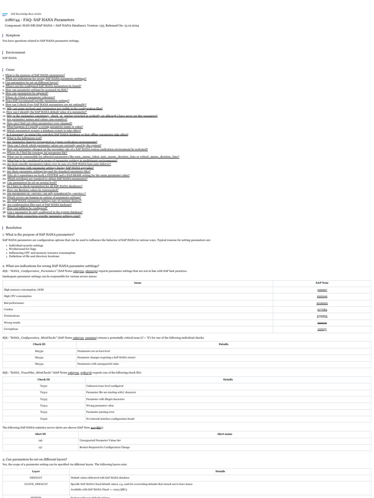 FAQ SAP HANA Parameters v133 | PDF | Parameter (Computer Programming) | Databases