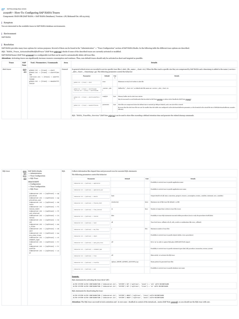 How To Configuring SAP HANA Traces v178 | PDF | Cache (Computing ...