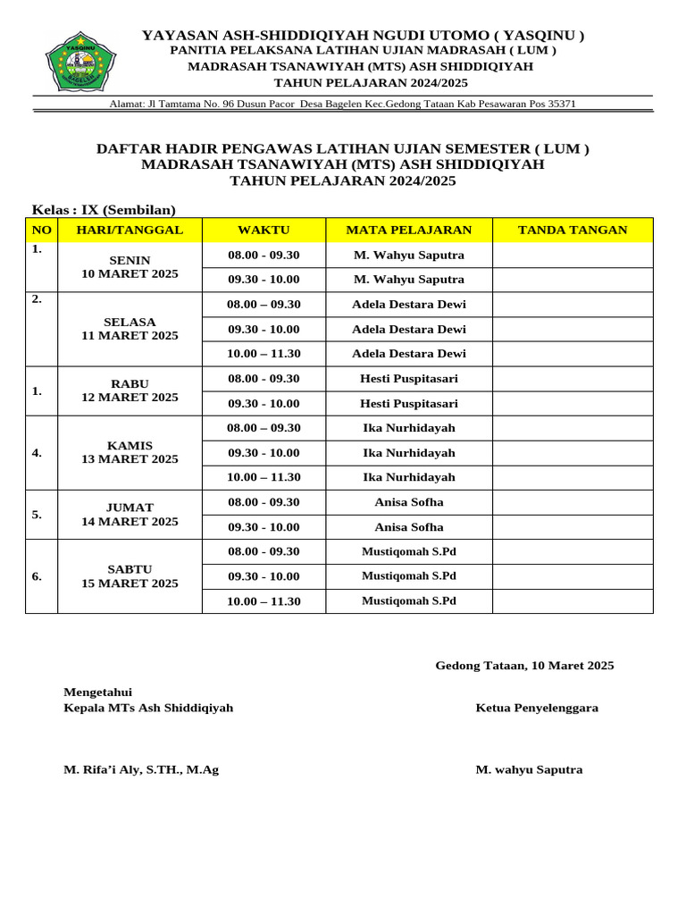 Absensi Pengawas Ujian | PDF