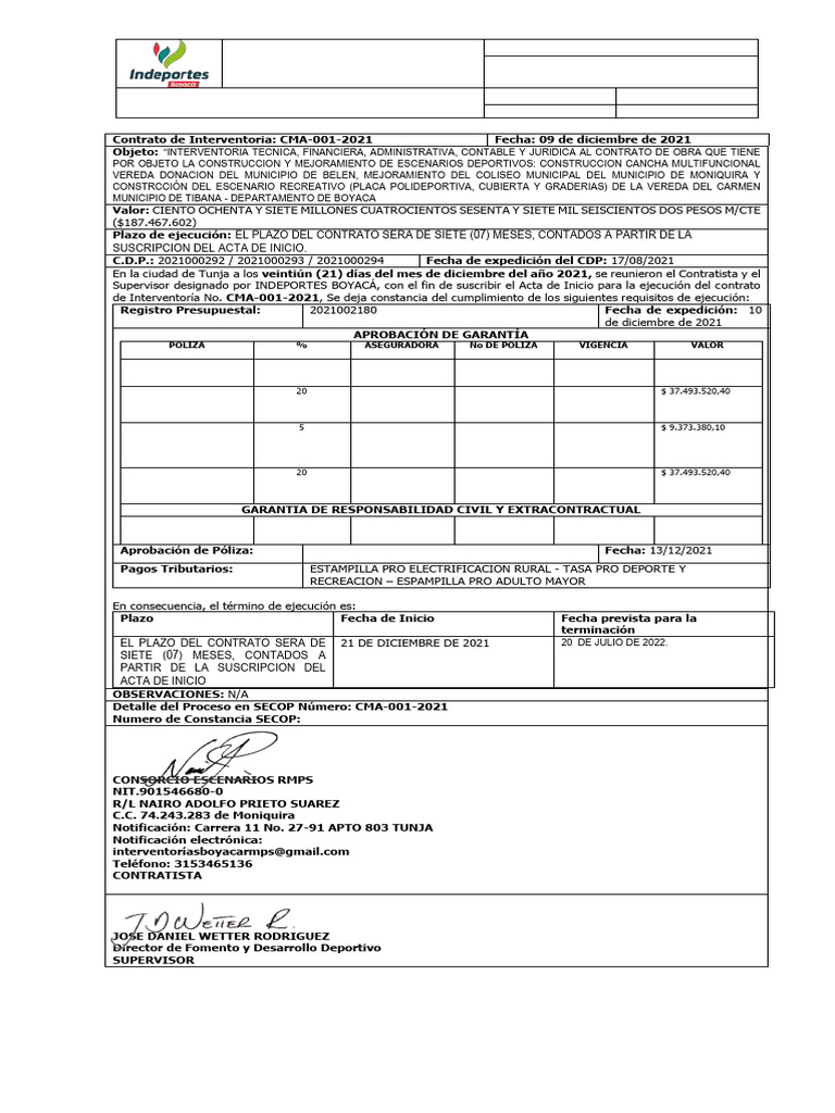 Acta de Inicio Cma 001 de 2021 Consorcio Escenarios Rmps | PDF
