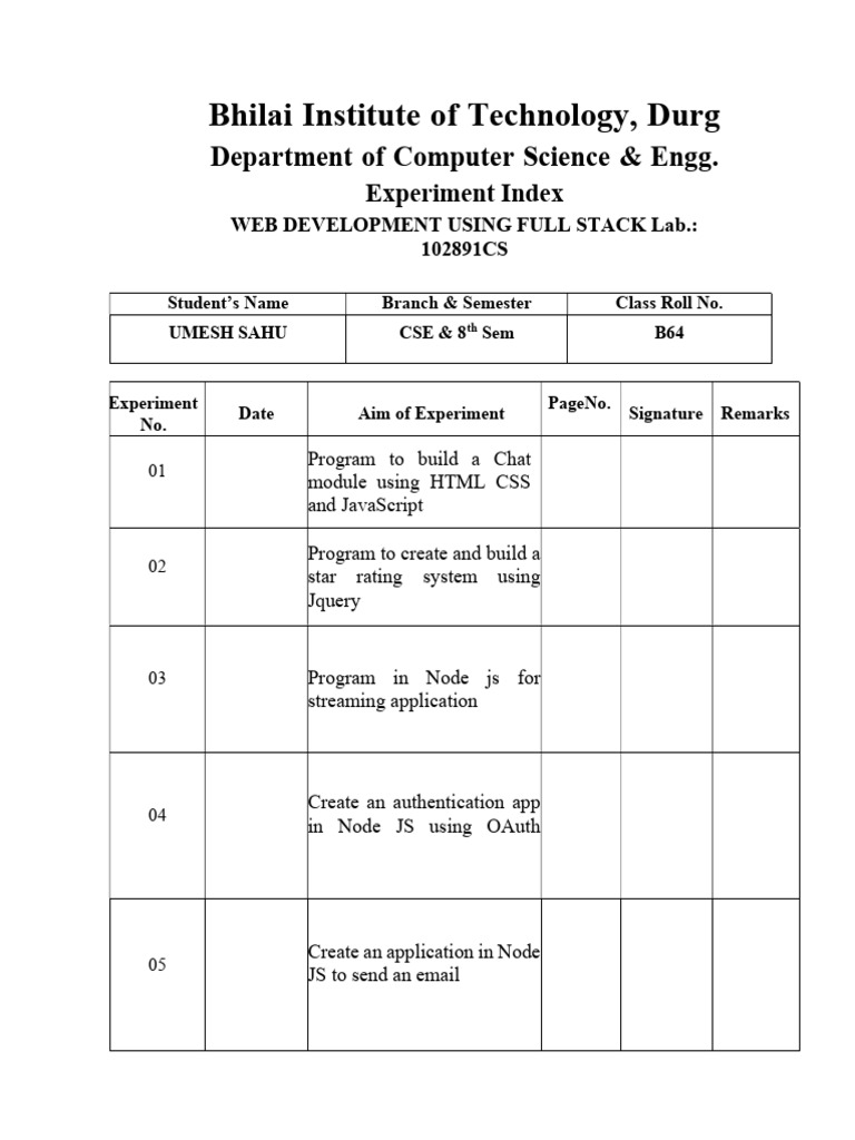 Full Stack Web Development Experiments | PDF