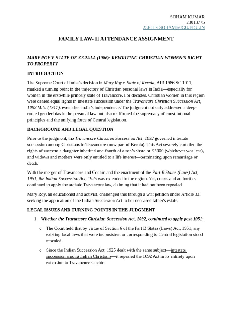 Mary Roy v. State of Kerala: Relevance Essay | PDF | Sharia | Justice