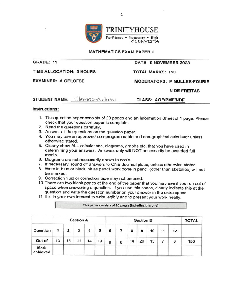 Grade 11 Paper 1 - November 2023 Memorandum | PDF