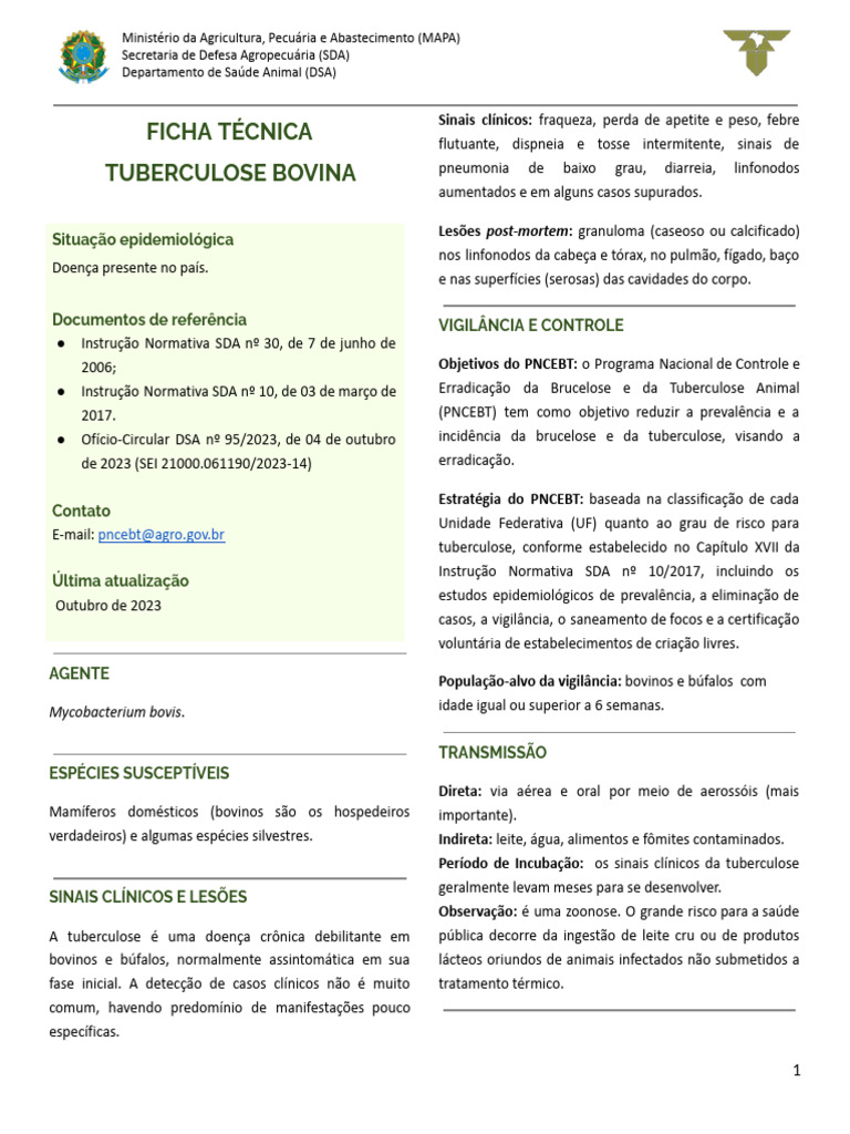 Ficha Técnica TUBERCULOSE | PDF | Tuberculose | Medicina Veterinária