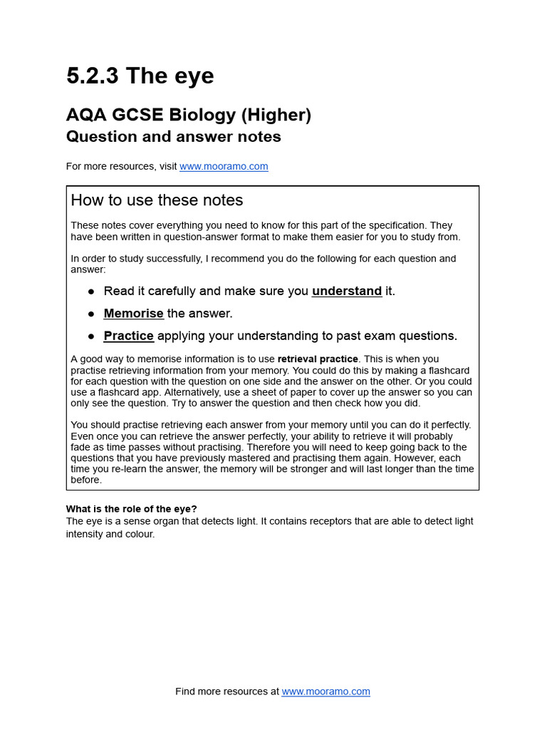GCSE Eye Structure and Function Guide | PDF | Eye | Myopia