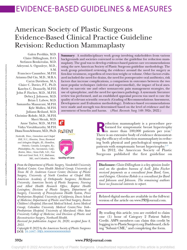 ASPS Brest Reduction Guideline.9 | PDF | Surgery | Evidence Based Medicine