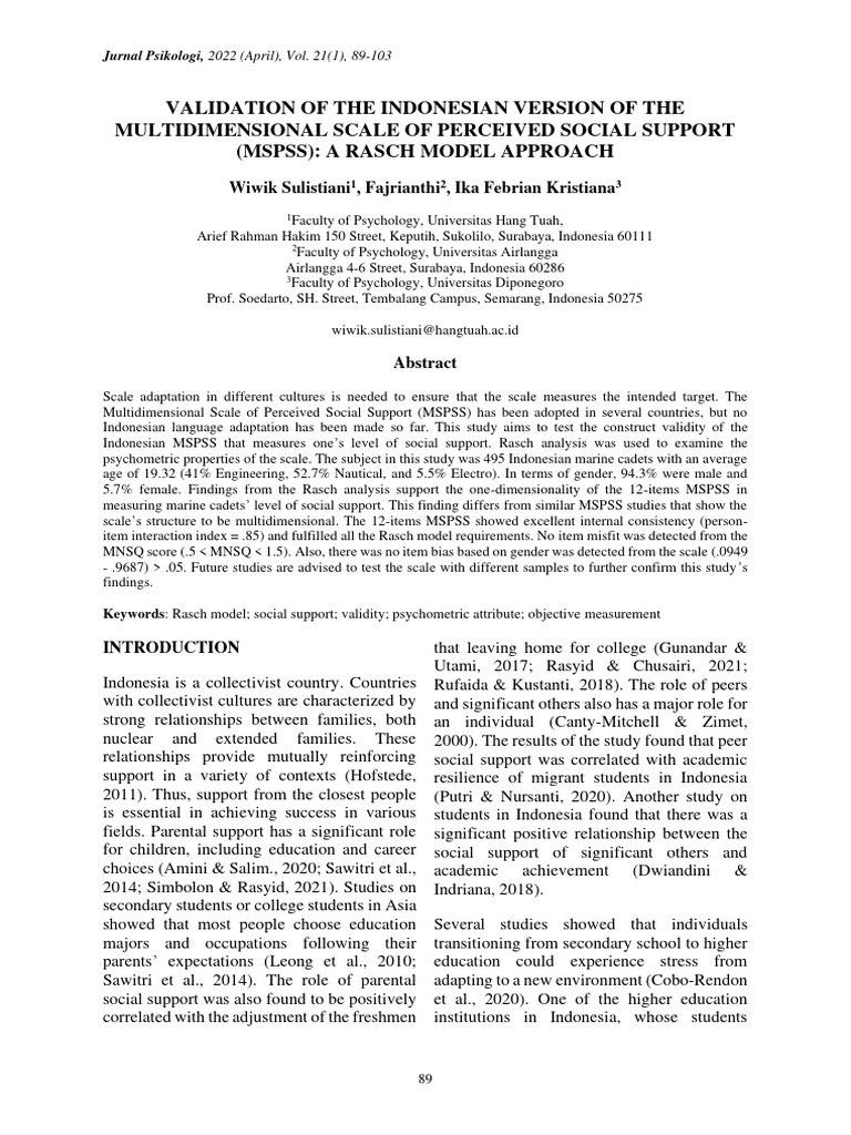 Indonesian MSPSS Validation Study | PDF | Psychometrics | Validity ...