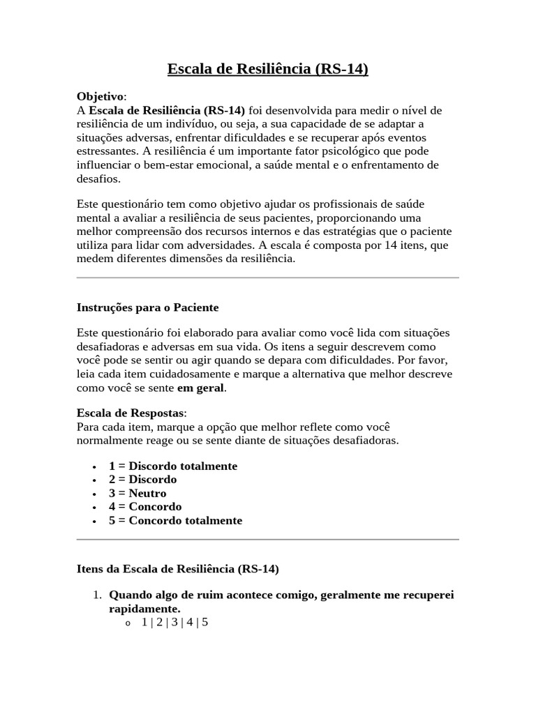Escala de Resiliência (RS-14) | PDF | Resiliência psicológica | Comentários
