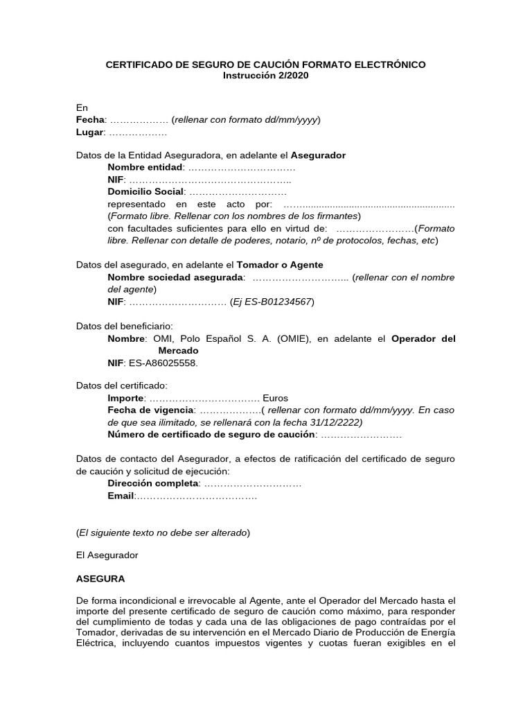 Modelo Certificado de Seguro de Caucion El | PDF | Póliza de seguros | Seguro