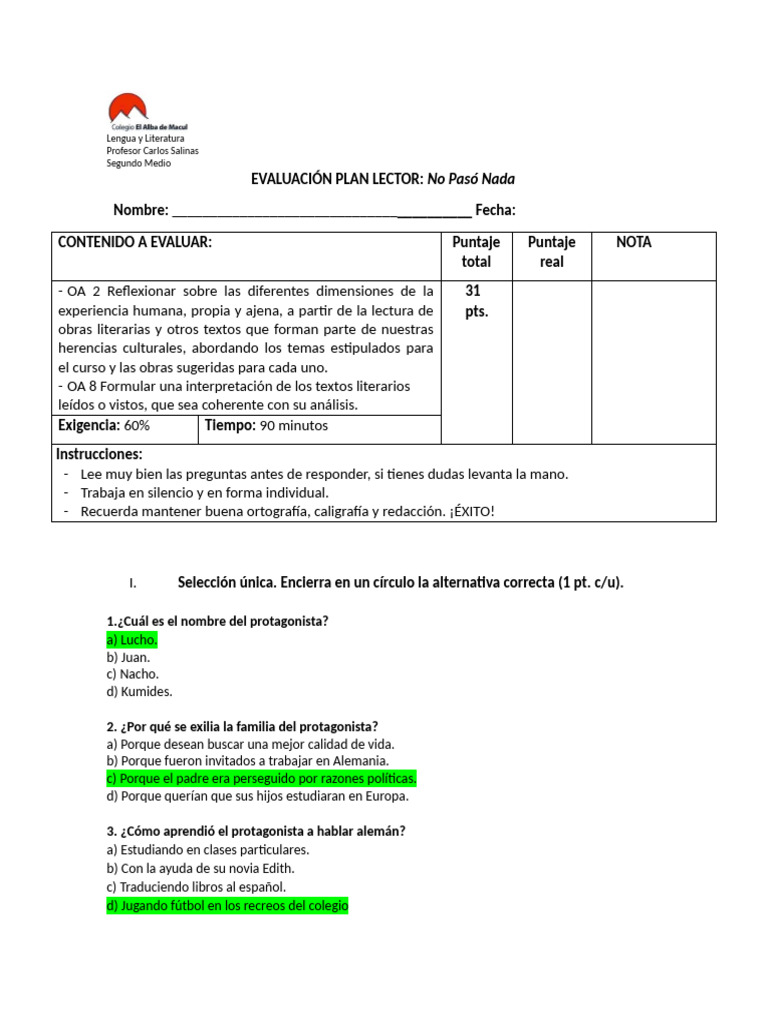 Evaluación Plan Lector: "No Pasó Nada" | PDF