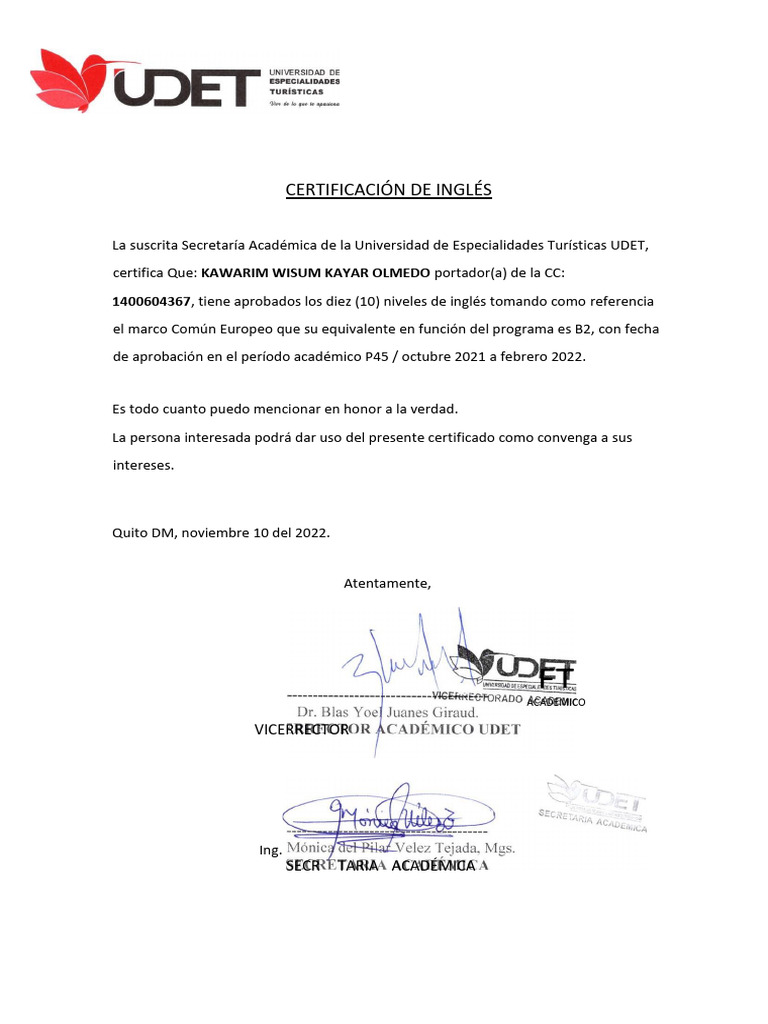 CERTIFICADO DE INGLES OLMEDO KAYARCHIR | PDF