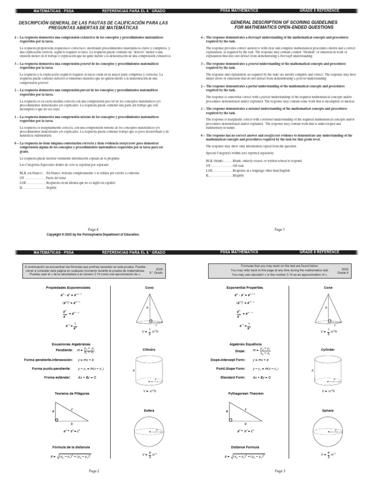 Grade 8 Spanish - Math Scoring Guidelines and Formula Sheets | PDF ...