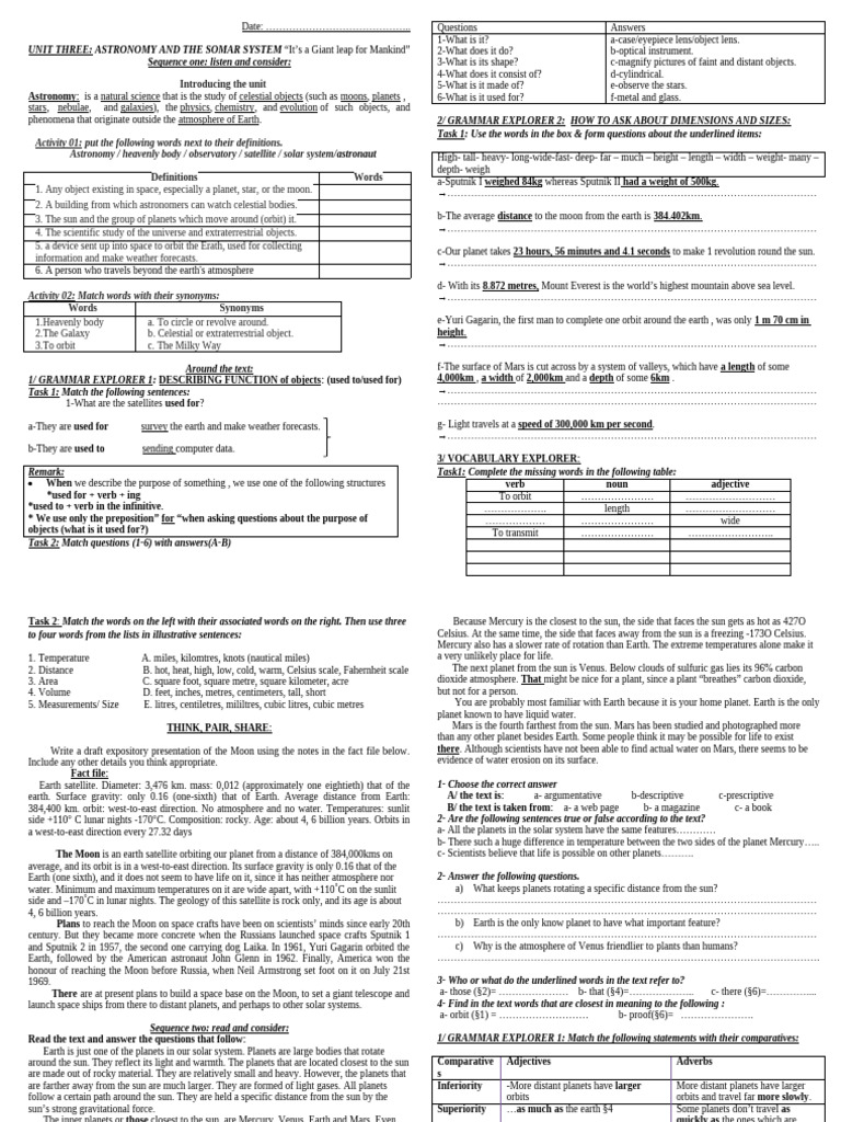 Astronomy Seq 1 2 3 4 Handouts (All The Unit) | PDF | Planets | Earth