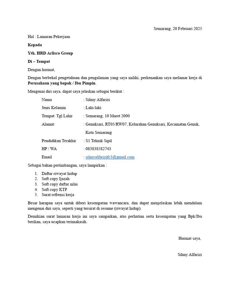 Lamaran Kerja Silmy Alfarizi S1 Teknik Sipil | PDF