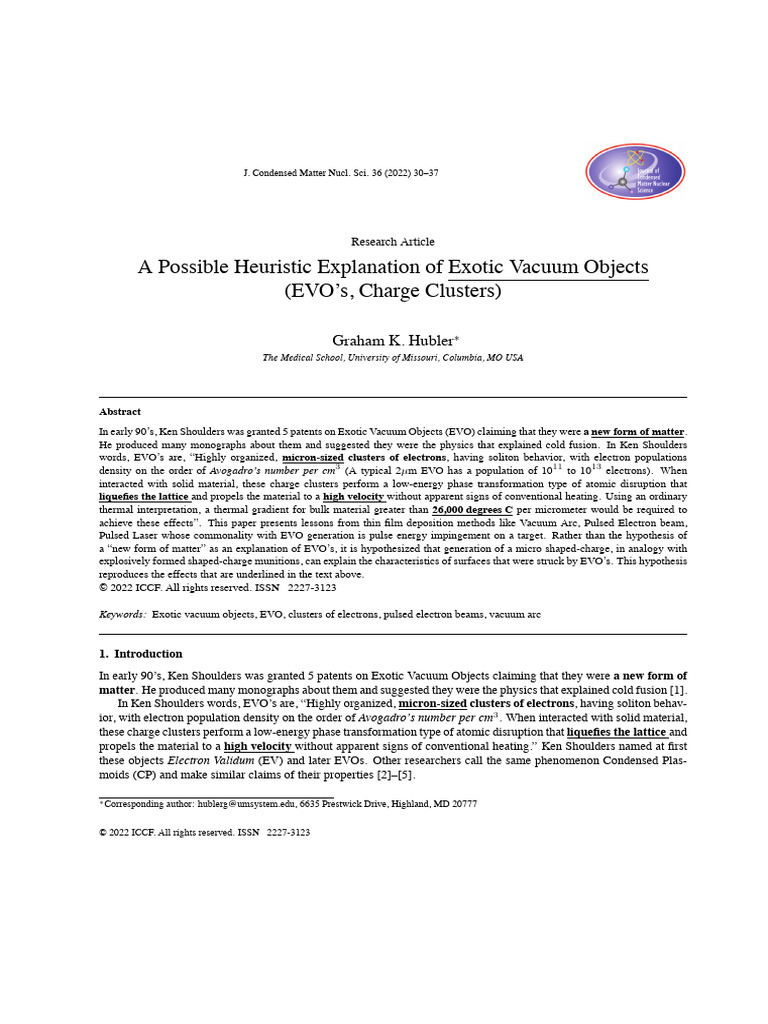 A Possible Heuristic Explanation of Exotic Vacuum Objects Evo S Charge ...