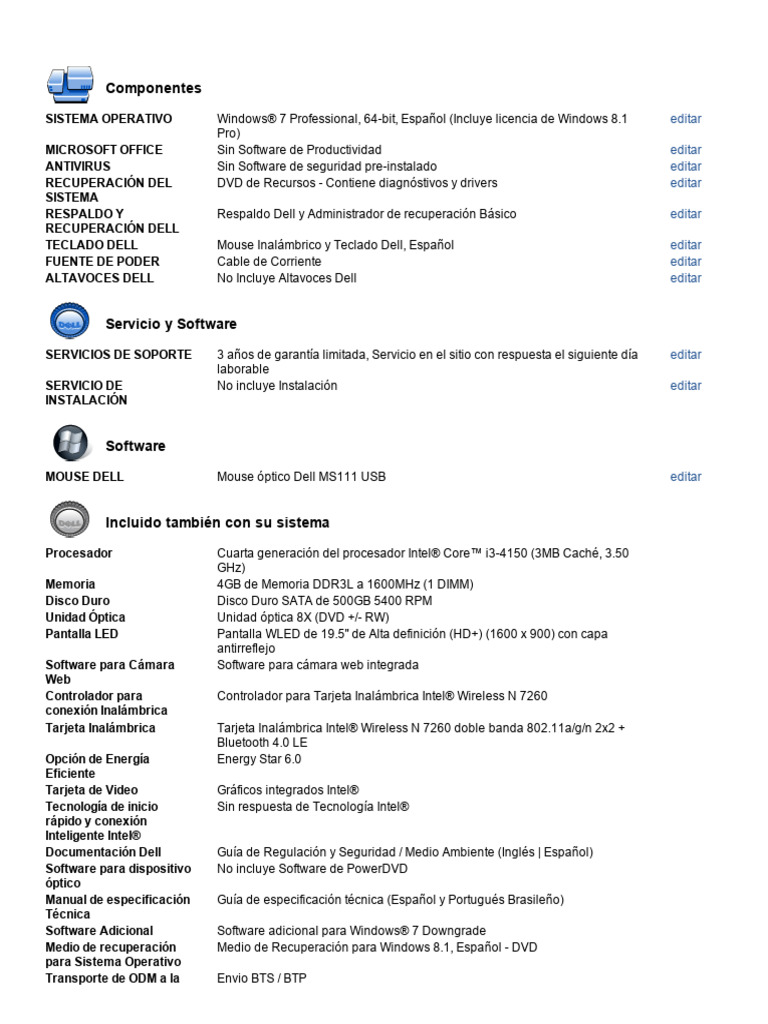 Especificaciones Dell OptiPlex 3030 AIO | PDF | Microprocesador | Dell