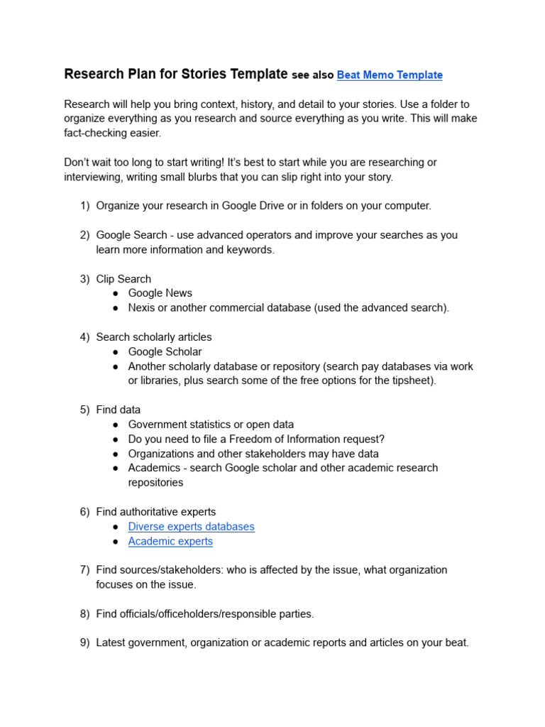 Research Plan for Story Development | PDF