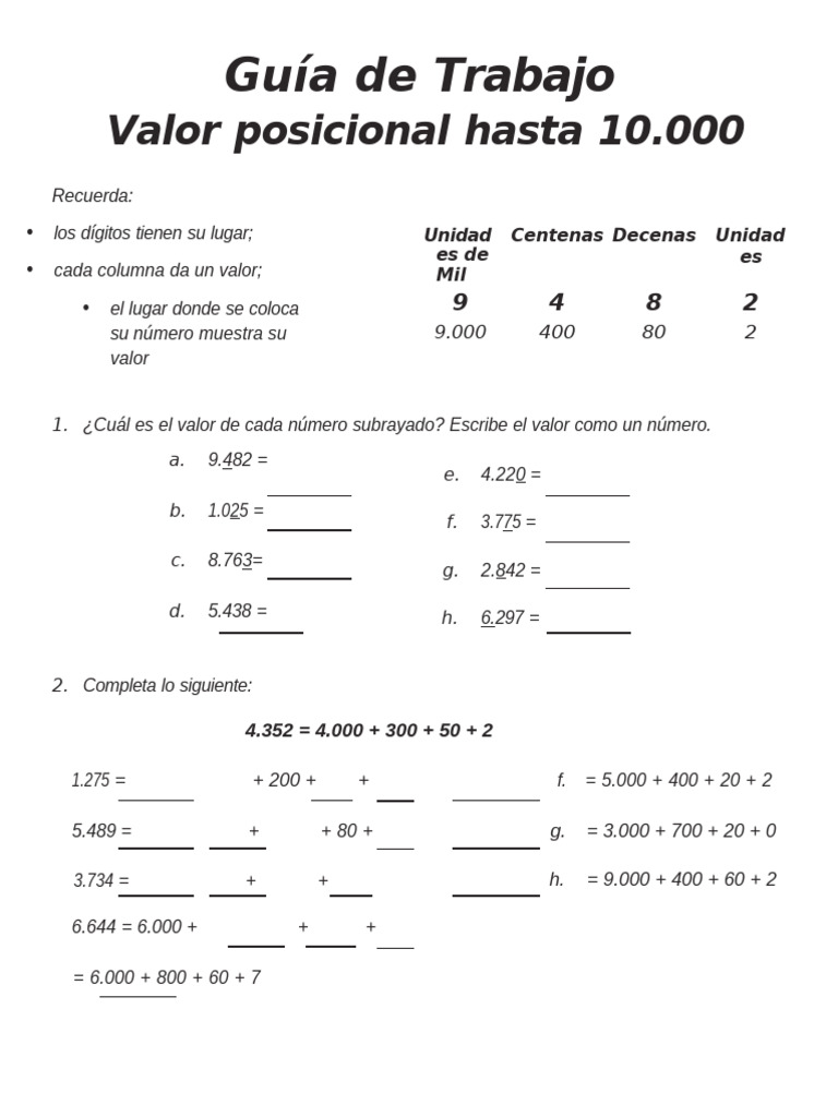 Valor Posicional: Ejercicios para Primaria | PDF