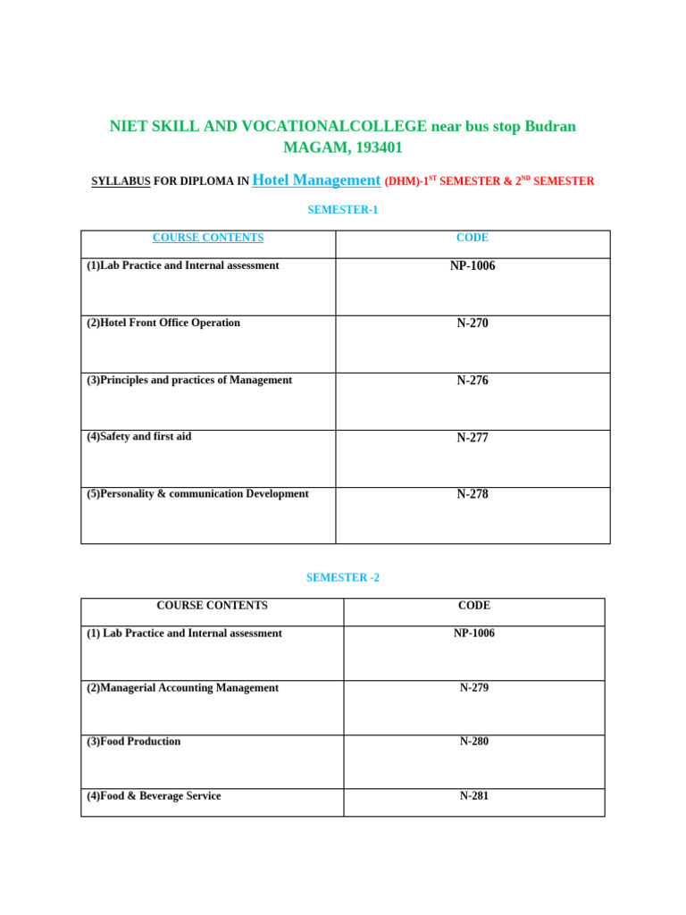 Hotel Management Syllabus 01 Year | PDF