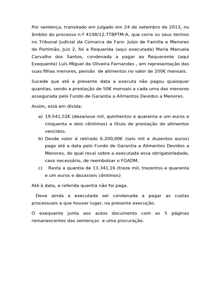Dívida de Alimentos: Caso Maria Manuela | PDF