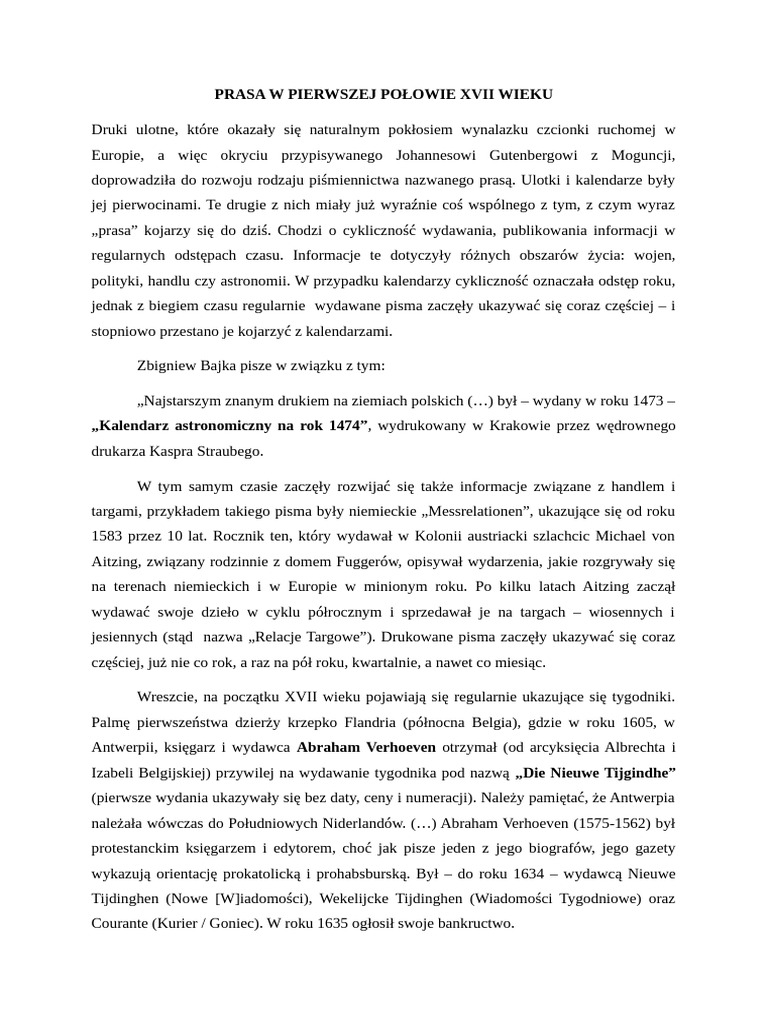 Prasa W Pierwszej Połowie XVII Wieku CZ. I | PDF