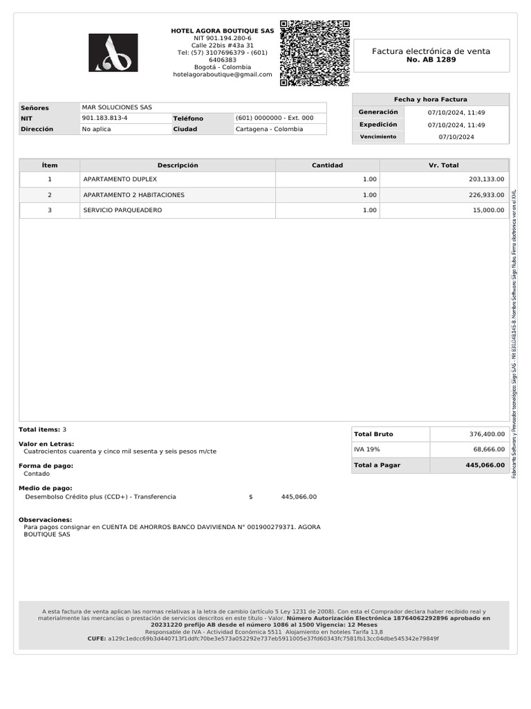 Factura Hotel Agora Boutique SAS | PDF | Bancario | Pagos