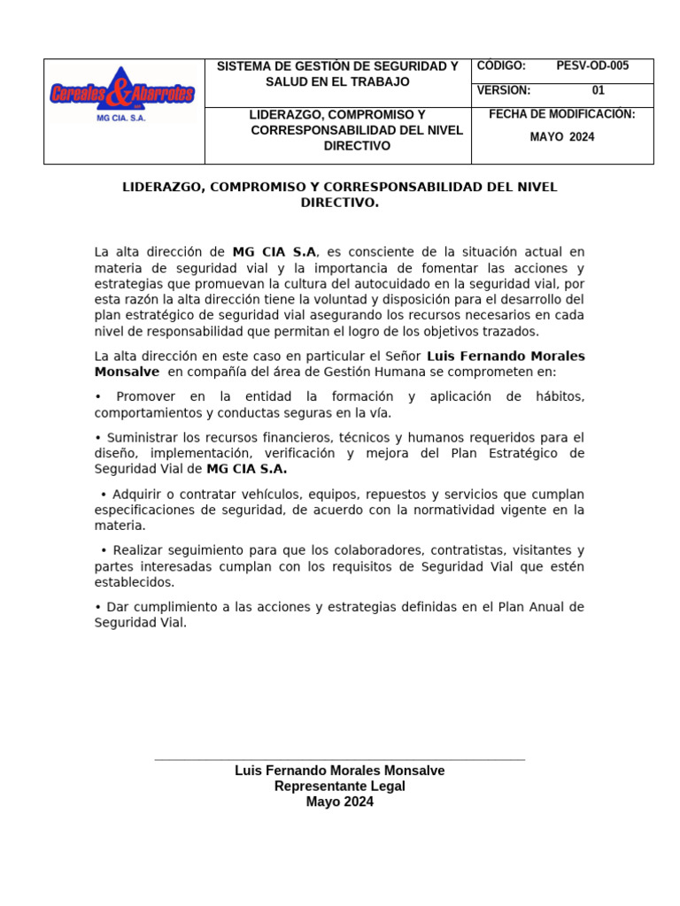 Pesv-Od-005 Liderazgo, Compromiso y Corresponsabilidad | PDF