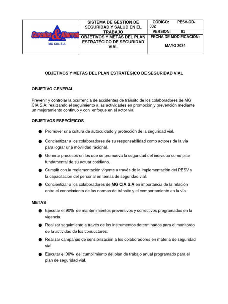Pesv-Od-002 Objetivos y Metas | PDF