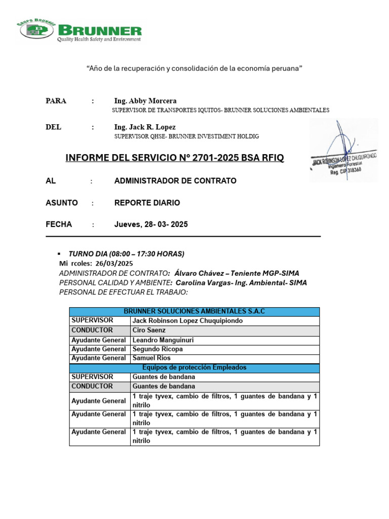 Informe de Servicio: Operaciones en SIMA Iquitos | PDF