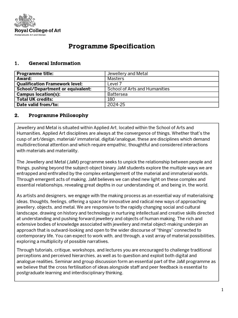 Ma Jewellery and Metal Programme Specification 2024 25 | PDF | Academic ...
