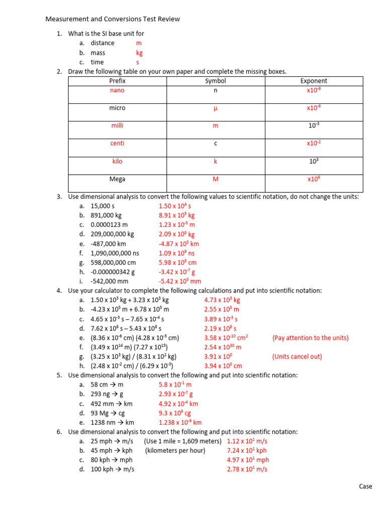 Measurement and Conversions Test Review Answers BB | PDF | Kilogram ...