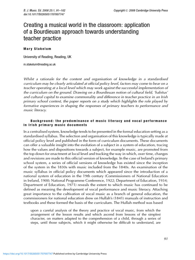 Creating A Musical World in The Classroom Application of A Bourdieuan ...