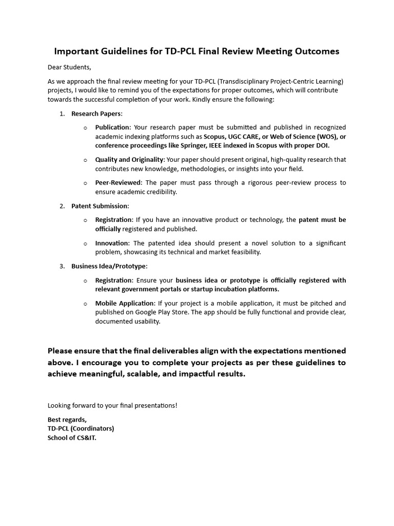 TD-PCL Final Review Guidelines | PDF