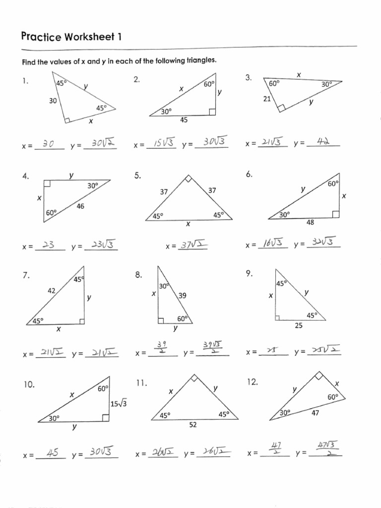 Math 2H Special Right Triangle Practice Review Key | PDF