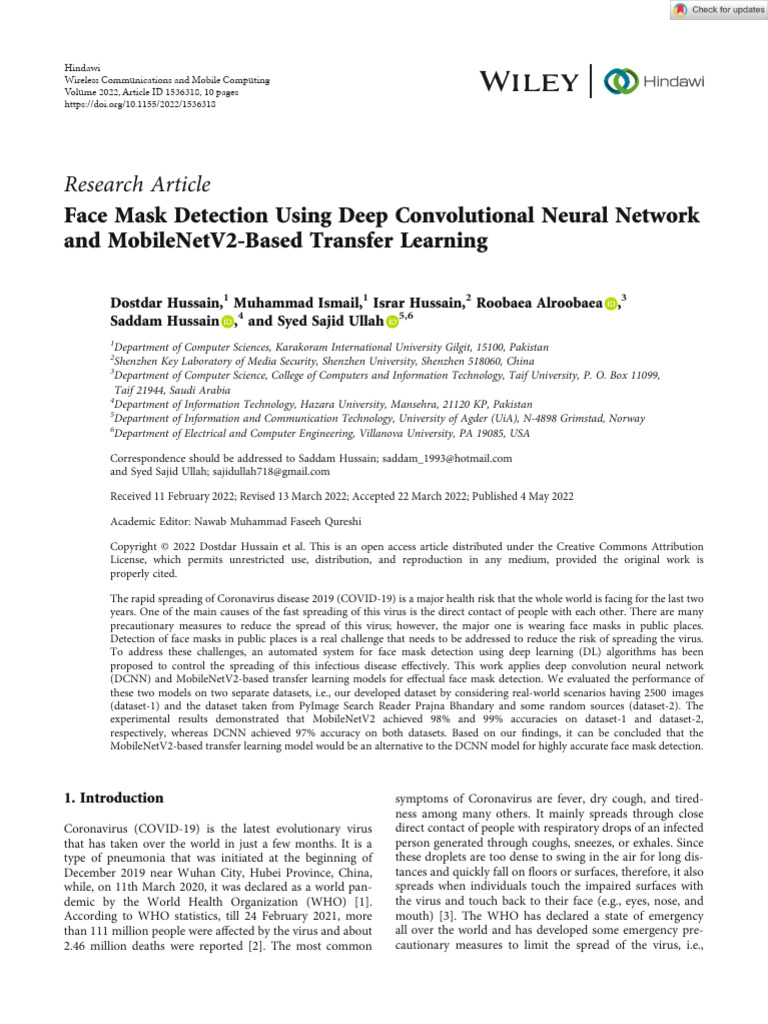 Wireless Communications and Mobile Computing - 2022 - Hussain - Face Mask Detection Using Deep ...