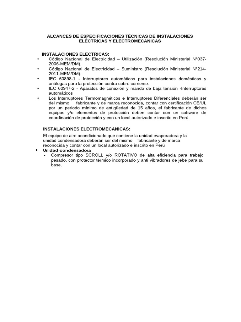 Alcances de Especificaciones Técnicas de Instalaciones Eléctricas y Electromecanicas | PDF